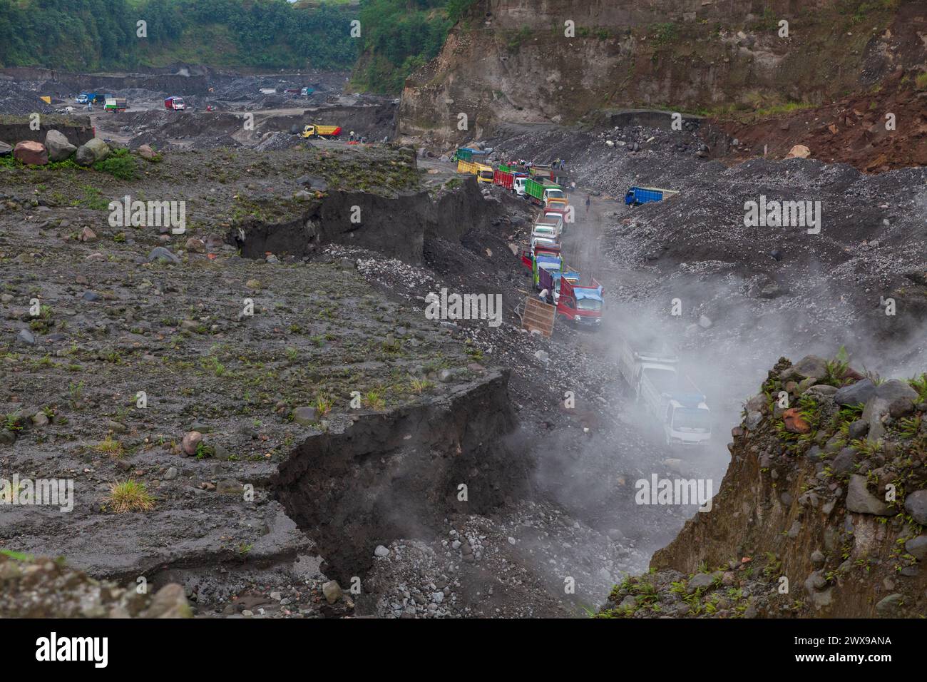 Volcanic sand mining at the bottom of Merapi volcano, Yogjakarta ...