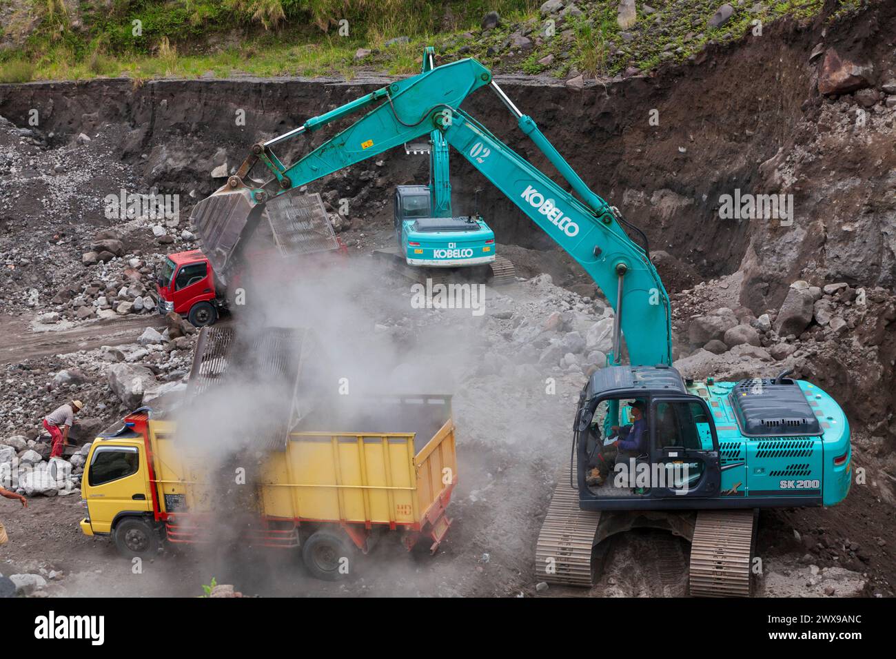Volcanic sand mining at the bottom of Merapi volcano, Yogjakarta ...