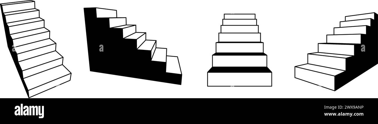 Simplified 3d stairway set. Linear staircase in different perspective ...