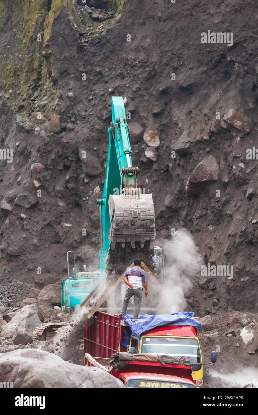 Volcanic sand mining at the bottom of Merapi volcano, Yogjakarta ...
