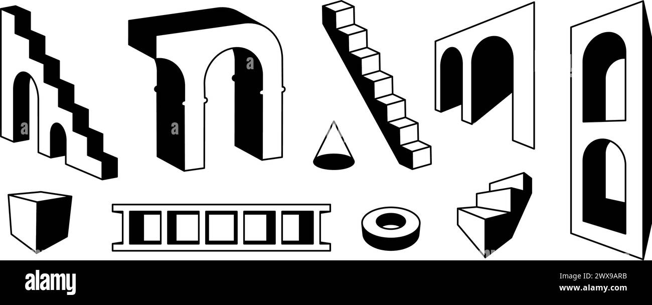 Set of line stairs and arches in perspective. Outline surreal geometric ...