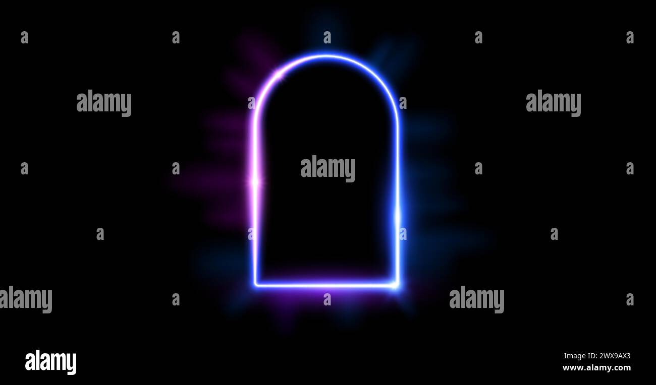 Glowing neon curved frame. Blue purple shining arch border. Neon light ...
