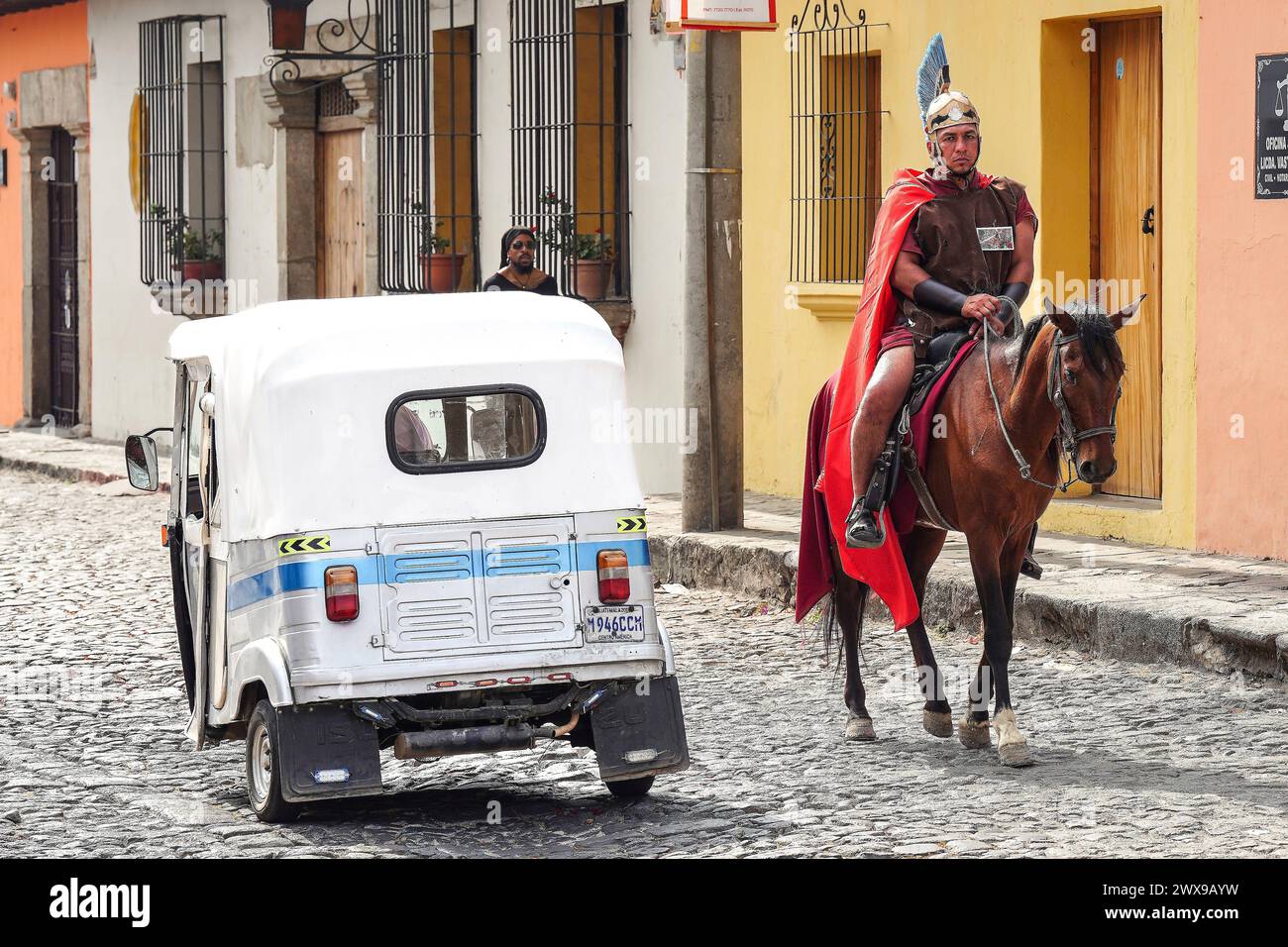 Antigua, Guatemala. 28th Mar, 2024. A Roman Centurion on horseback ...