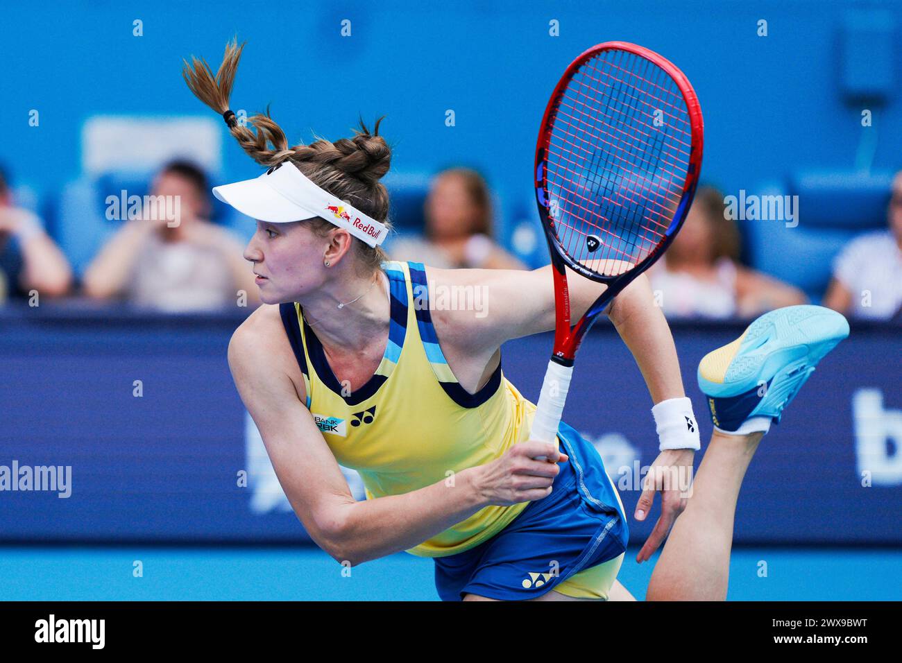 Miami, Florida, USA. 28th Mar, 2024. Elena Rybakina (Kazakhstan) hits a ...