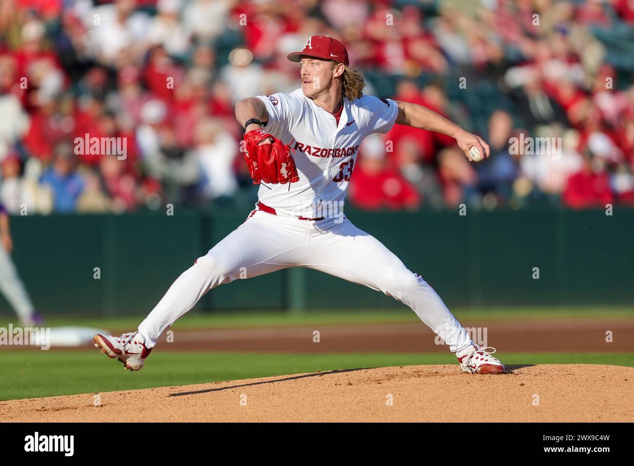 March 28, 2024: Razorback pitcher Hagen Smith #33 works from the mound. Arkansas defeated LSU 7 ...