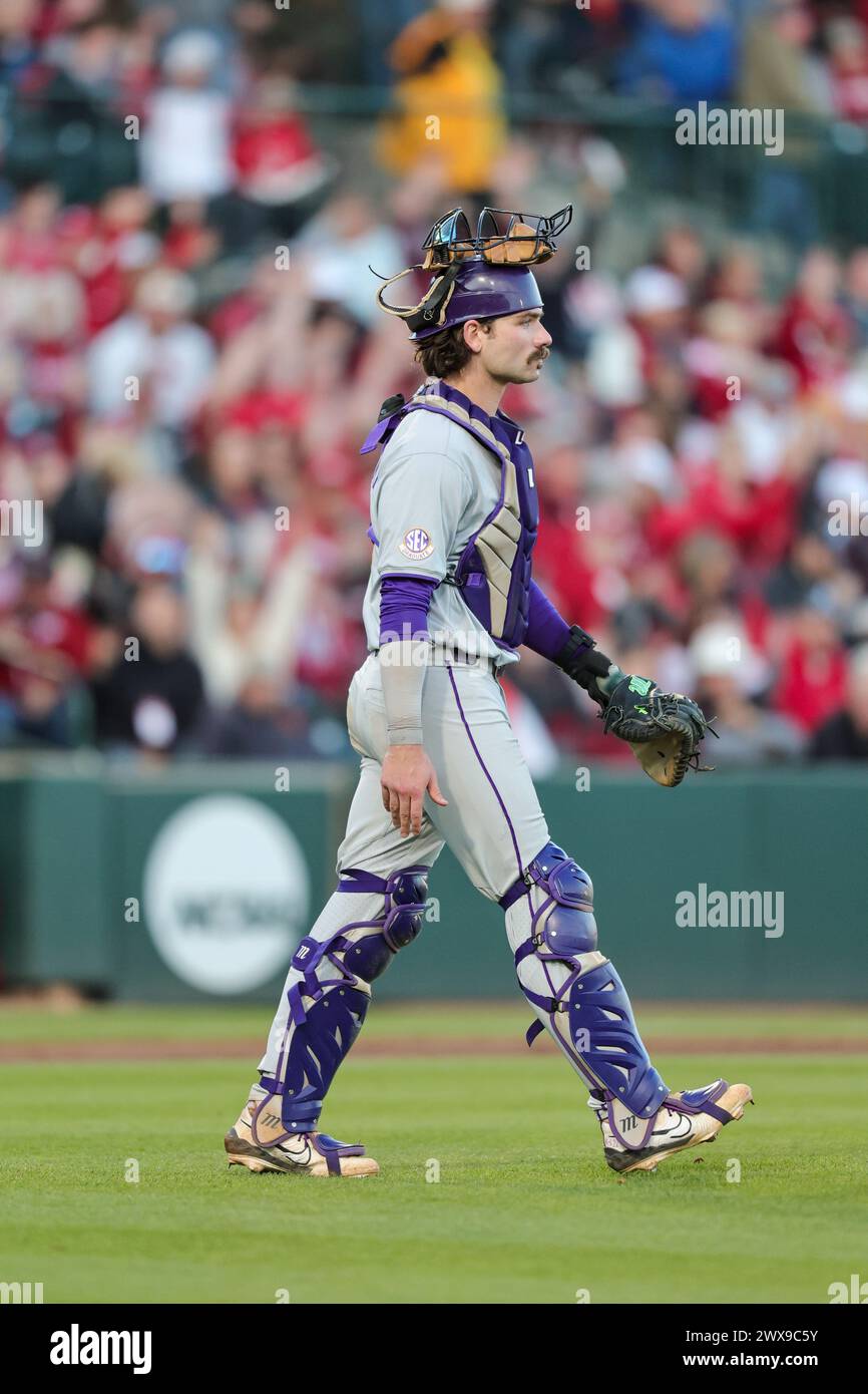 March 28, 2024: LSU catcher Hayden Travinski #8 makes his way out to ...