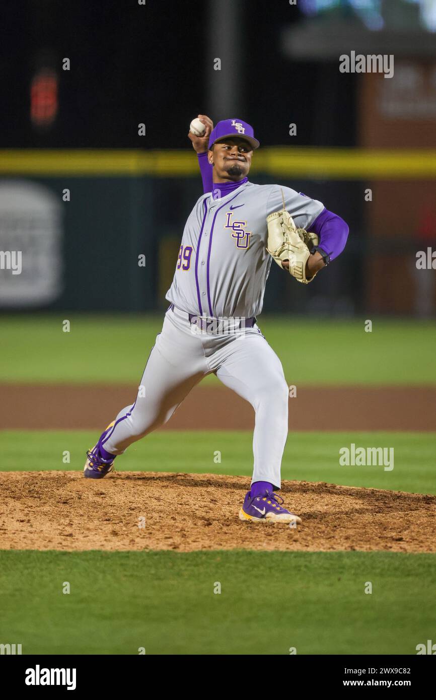March 28, 2024: Tigers pitcher Christian Little #99 prepares to release ...