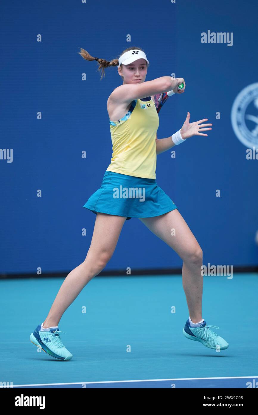 Miami, Florida, USA. 28th Mar, 2024. Elena Rybakina (Kazakhstan) hits a ...