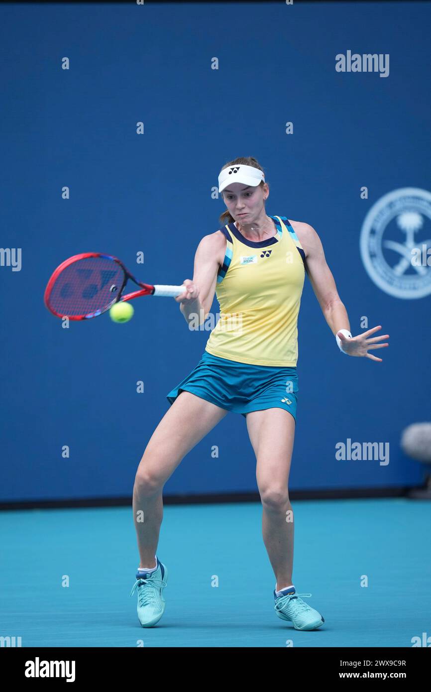 Miami, Florida, USA. 28th Mar, 2024. Elena Rybakina (Kazakhstan) hits a ...