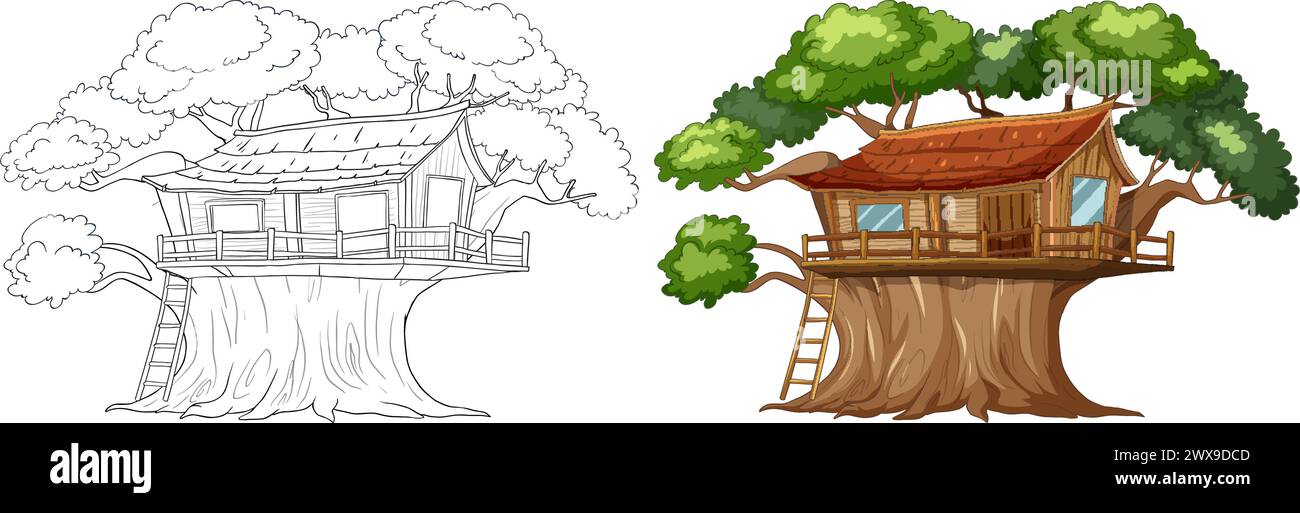 Sketch and colored illustration of a treehouse Stock Vector Image & Art ...