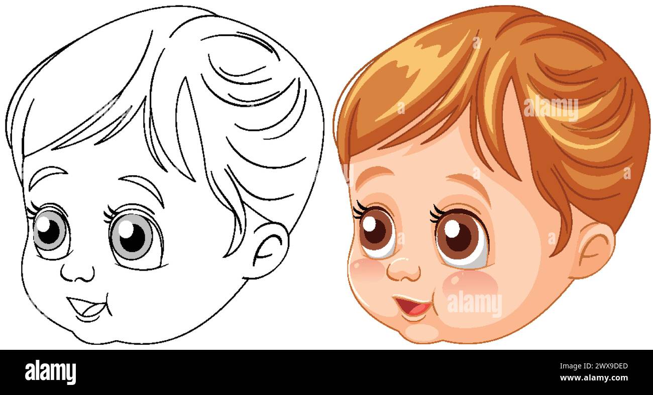 Vector illustration of a child's face, before and after coloring Stock ...