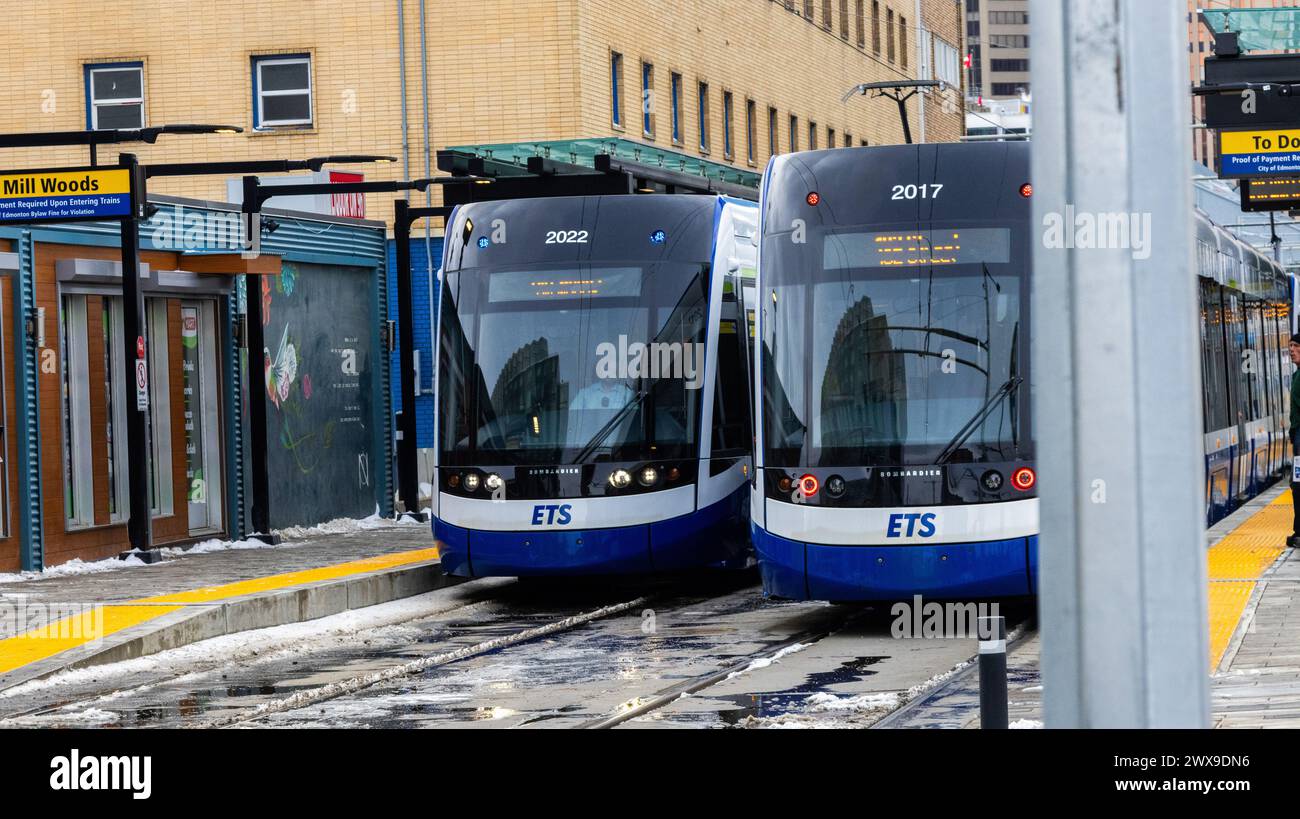 Edmonton, Canada. 28th Mar, 2024. The new Millwoods/102 Ave LRT trains ...