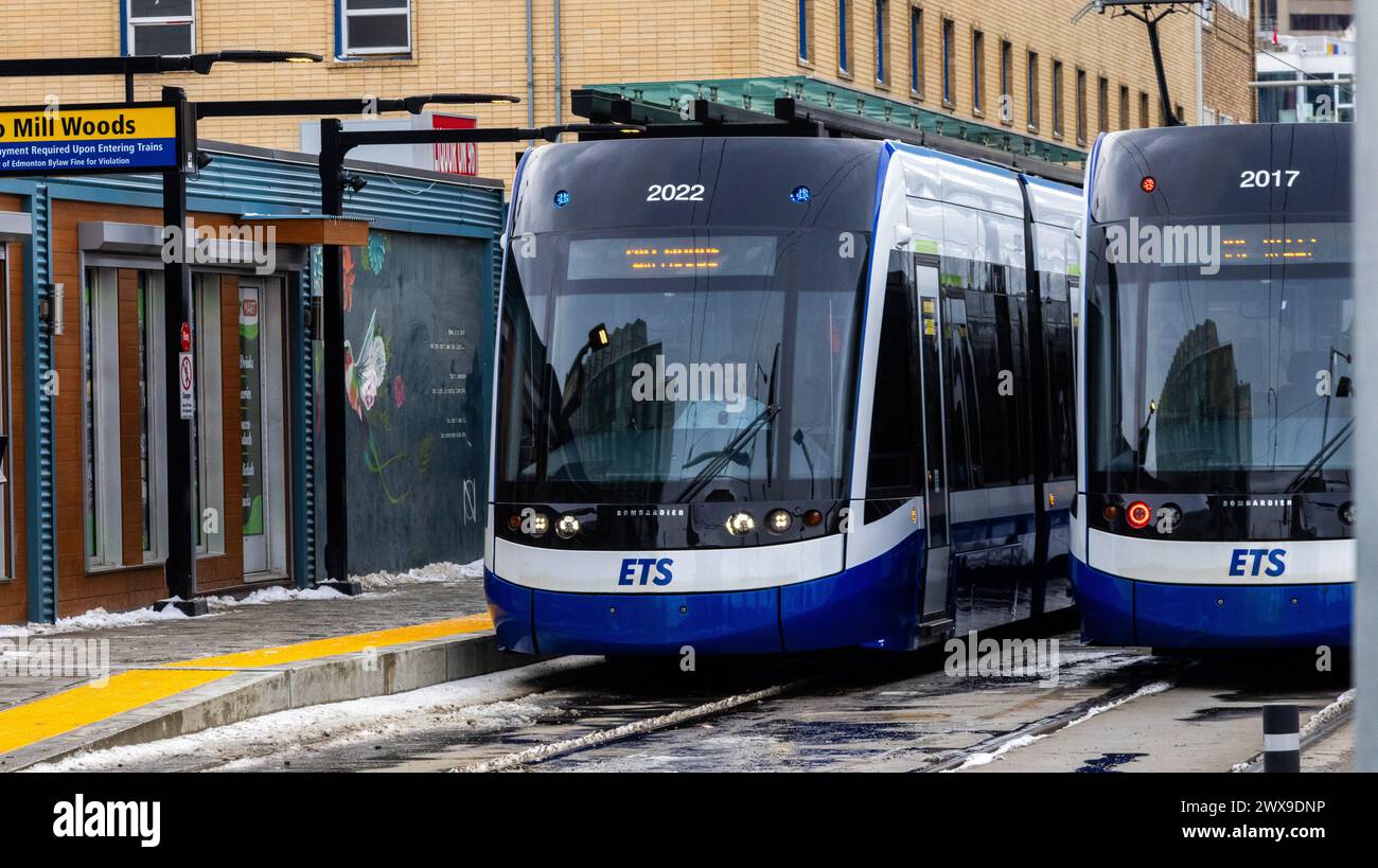 Edmonton, Canada. 28th Mar, 2024. The new Millwoods/102 Ave LRT trains ...