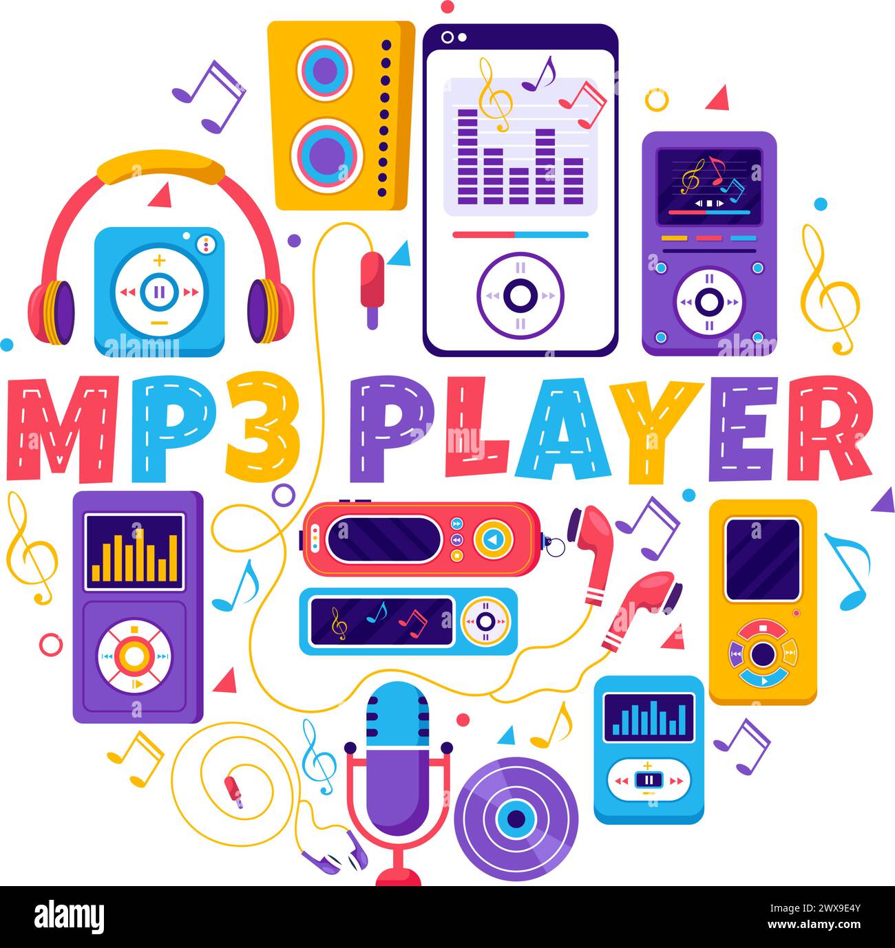 MP3 Player Vector Illustration with Musical Notation, Headphones ...