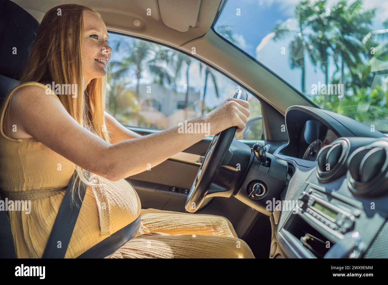Pregnant woman driving with safety belt on in the car. Confident and ...