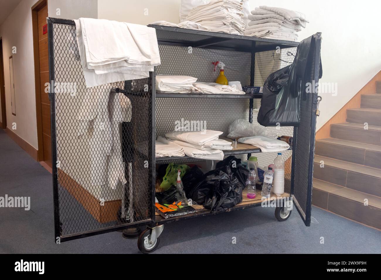 Mobile locker with bed linen for exchange in the hotel corridor Stock ...