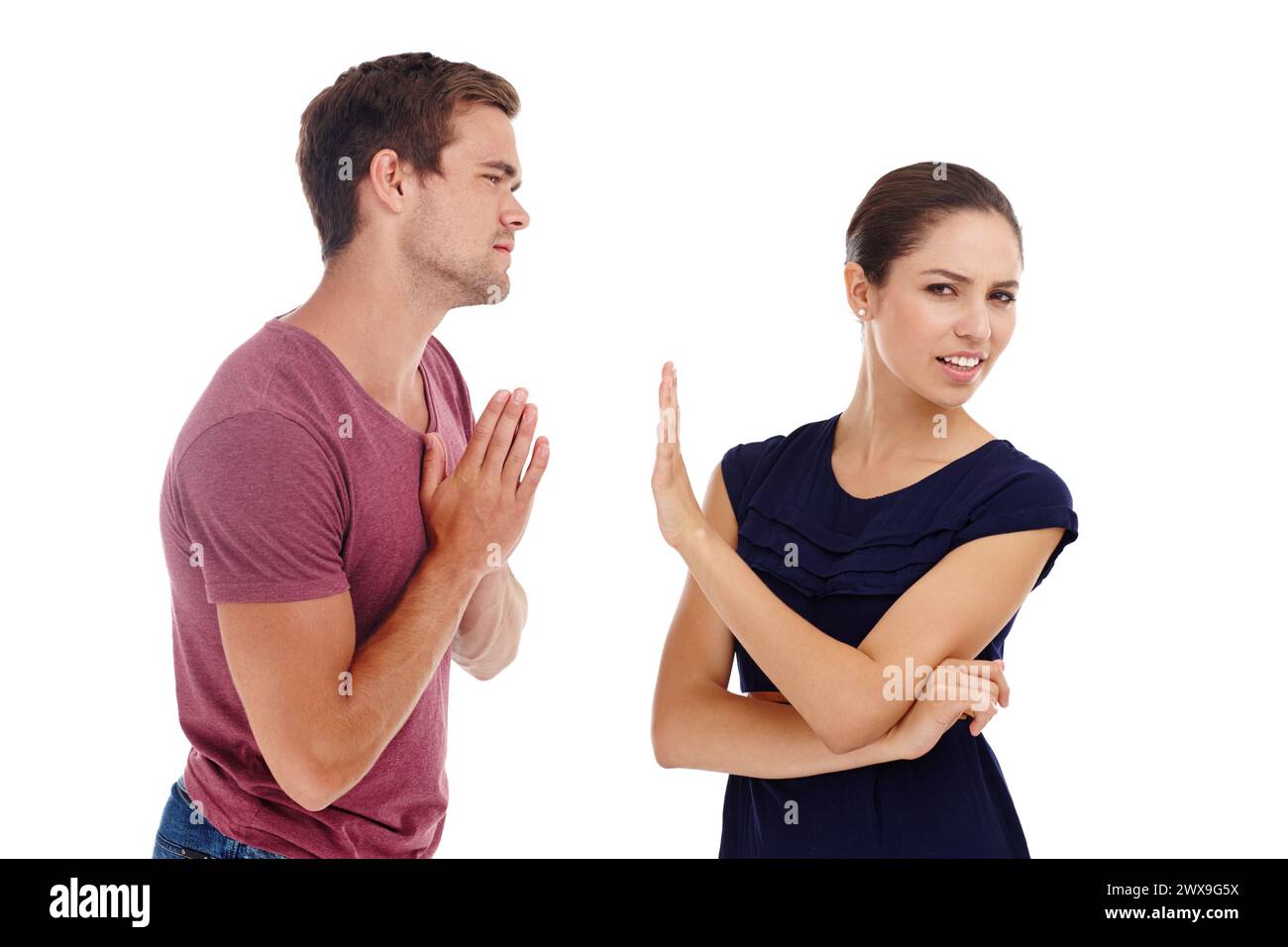 Divorce, fight and couple in studio with sorry hands for cheating, liar ...