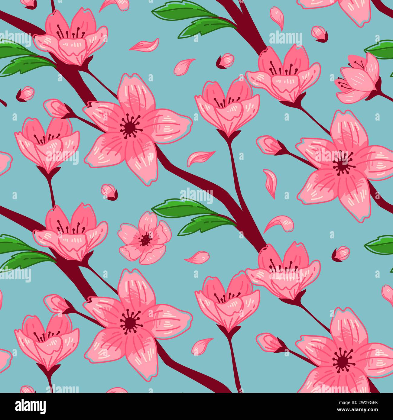 Spring cherry blossoms blue Stock Vector Images - Alamy