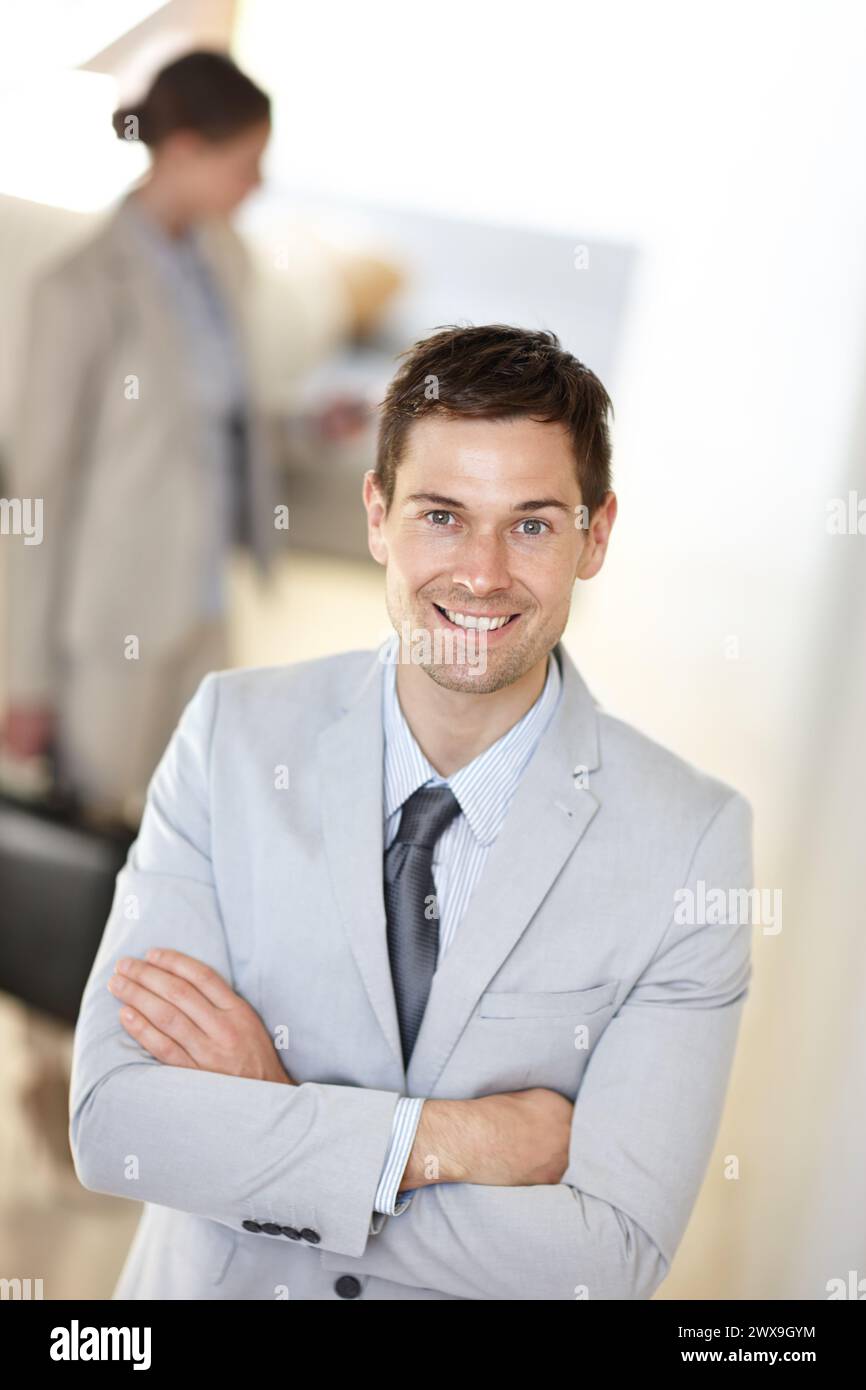 Businessman, corporate portrait and arms crossed in workplace with ...