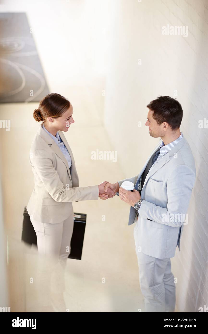 Top view, greeting or business people shaking hands in office for b2b ...