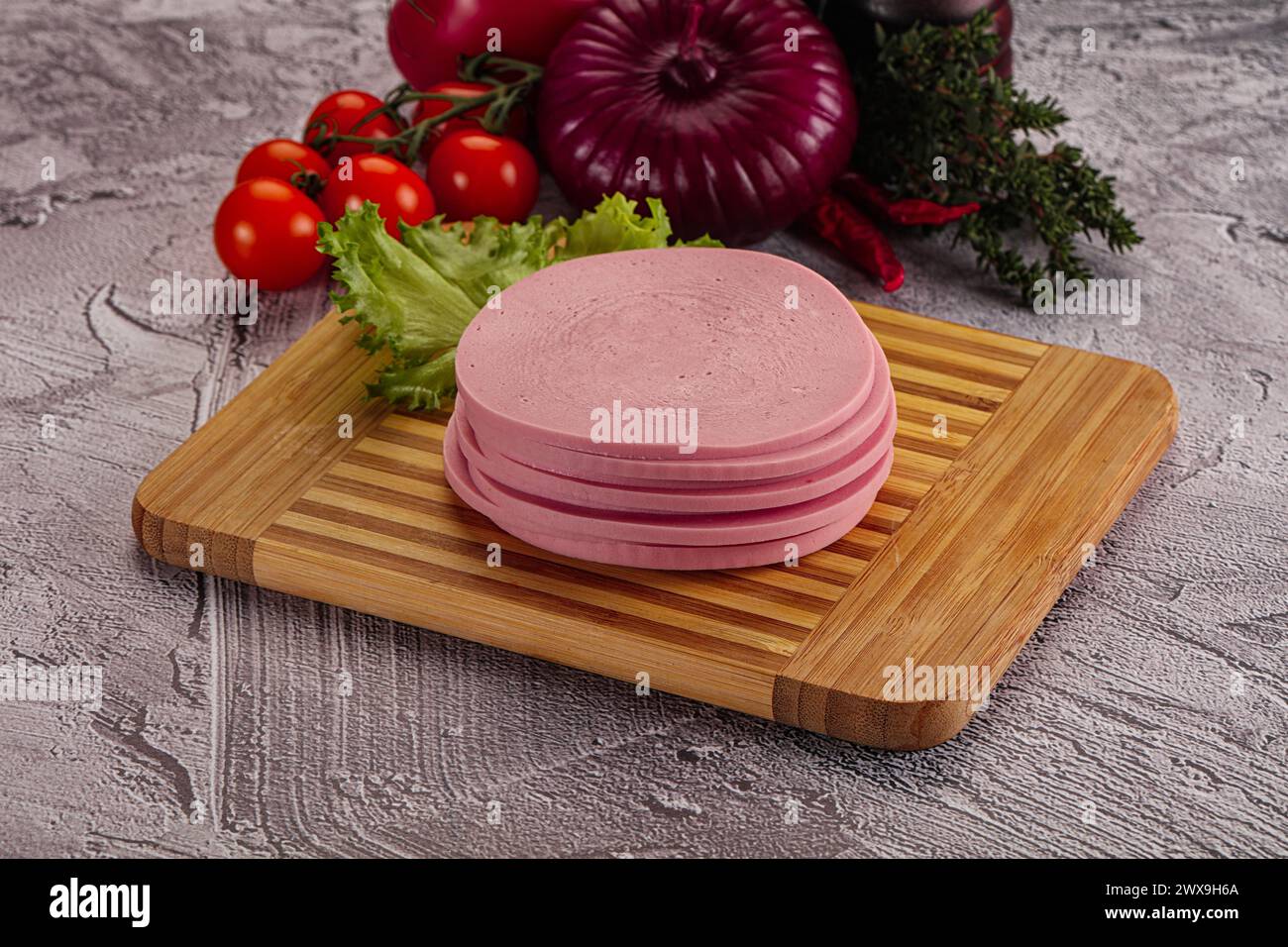 Boiled pork sliced sausage stack for breakfast Stock Photo - Alamy