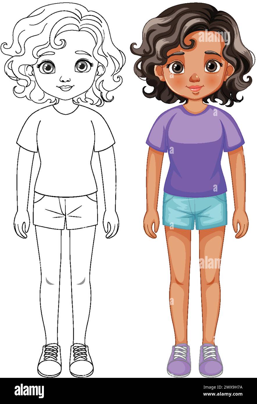 Vector illustration of a girl before and after coloring Stock Vector ...