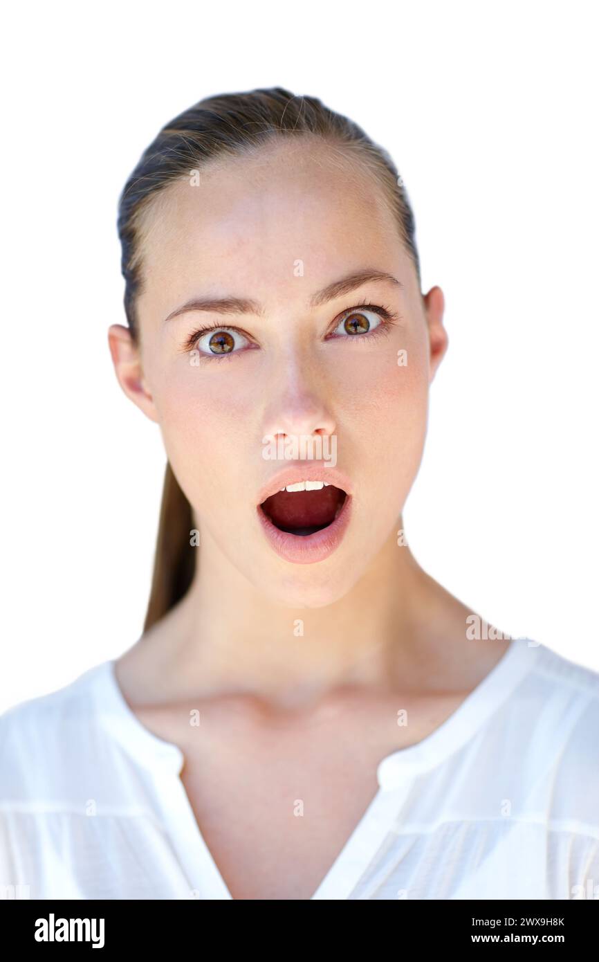 Studio, surprise or portrait of woman with shock, open mouth and wow expression for news or ...
