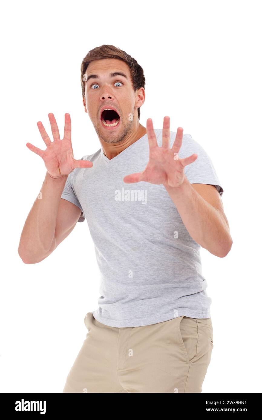 Shocked, scared and portrait of man on a white background for surprise ...