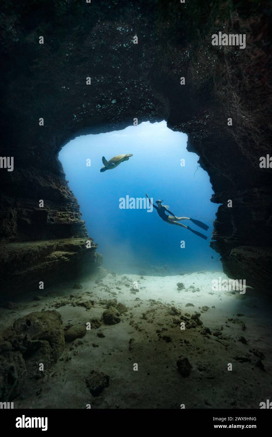 A young female free diving down into a cave doorway accompanied by a ...