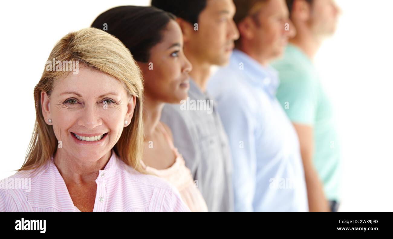 Group, people and face of woman with smile for community, diversity and ...