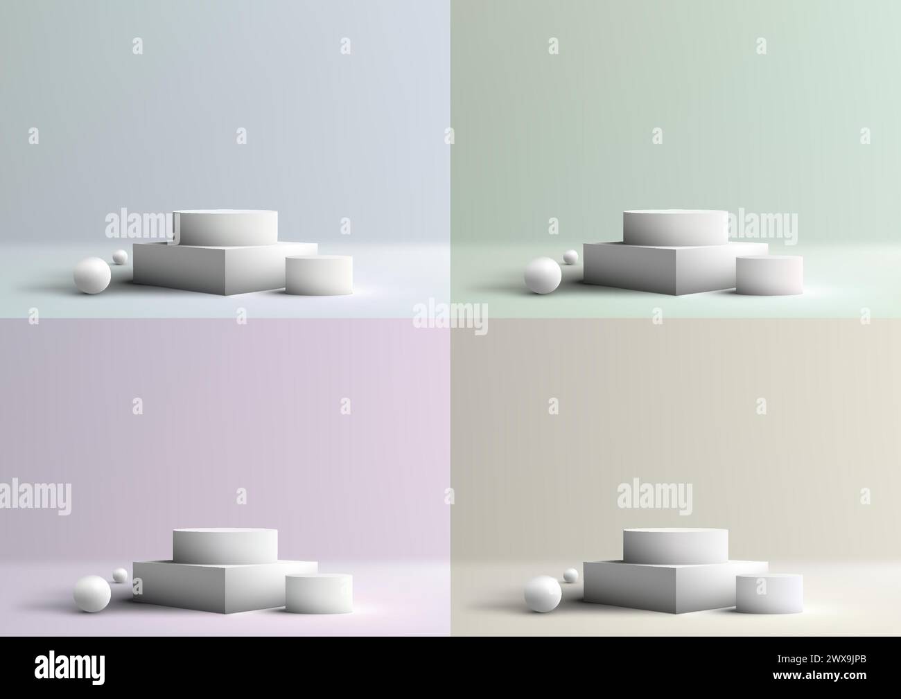 3D realistic showcasing clean podium stand with group white balls ...
