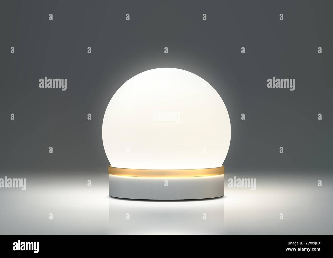 A sleek lamp with a white glass globe shade and a gold metal base sits ...