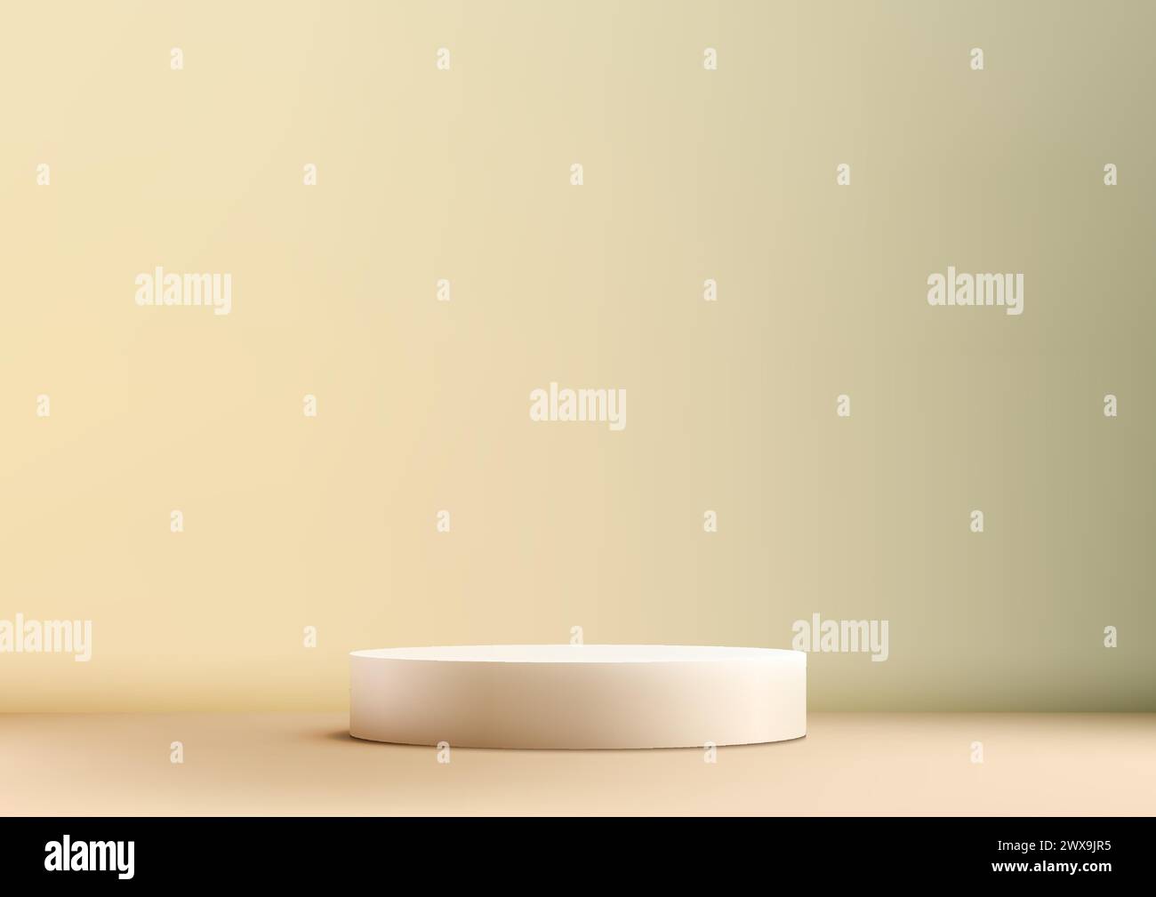 A simple 3D scene with a white podium against a soft yellow background ...