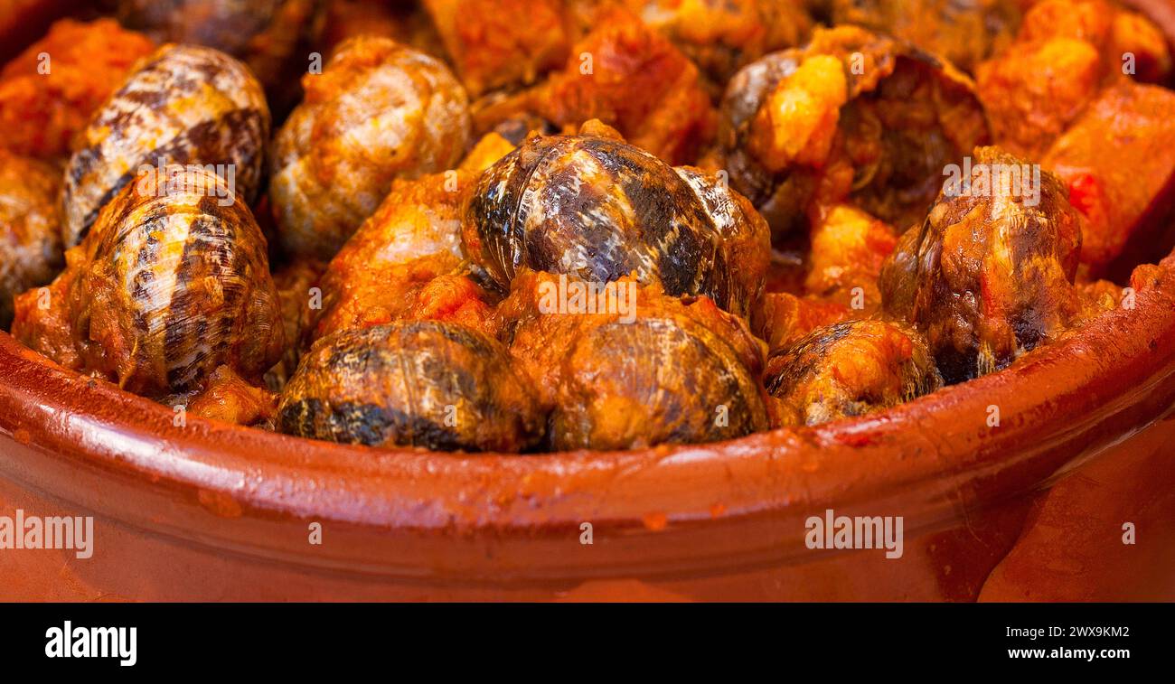 Close up of traditional spanish tapas - the boiled snails in tomato ...