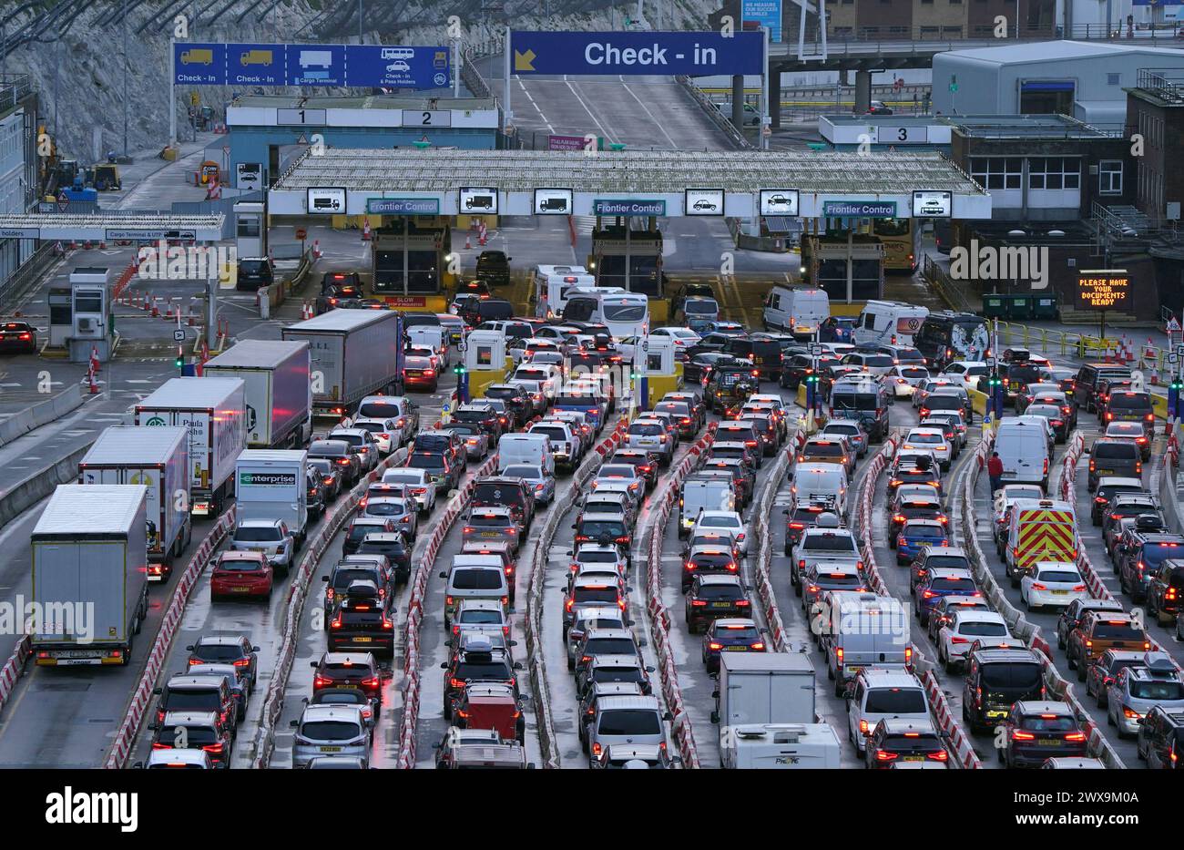 Passengers queue for ferries at the Port of Dover in Kent as the ...