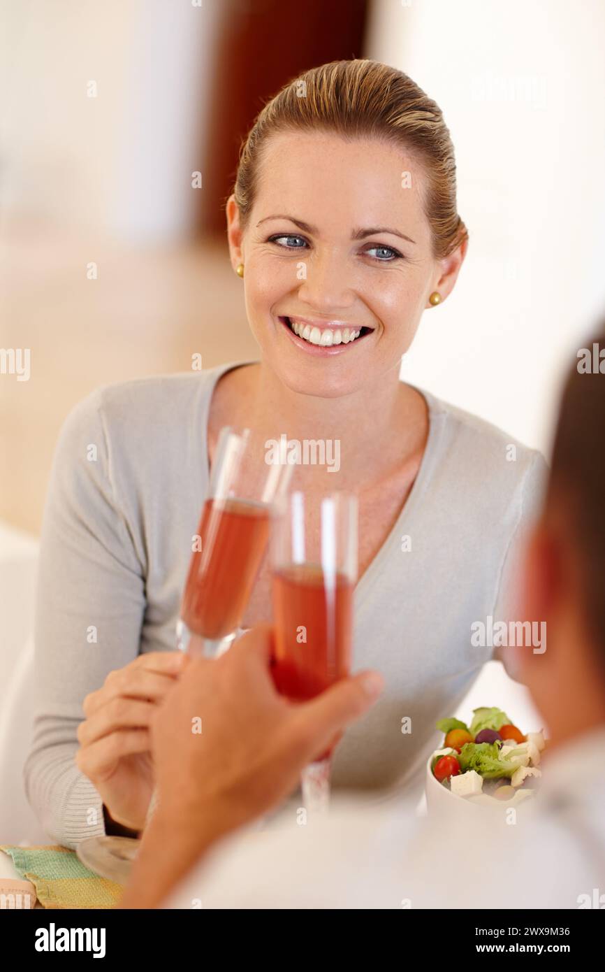 Champagne, toast and woman with glass for celebration, marriage or ...