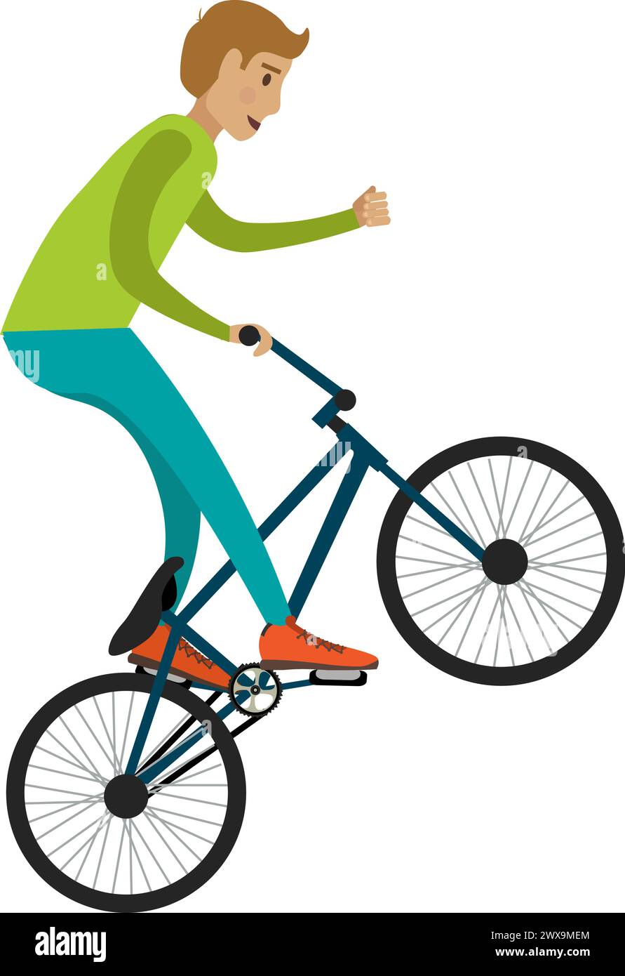 Teenager boy making trick on bicycle vector icon isolated on white ...