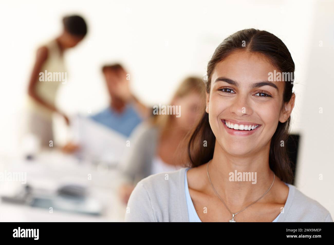 Happy, face and smile for businesswoman, office and meeting in ...