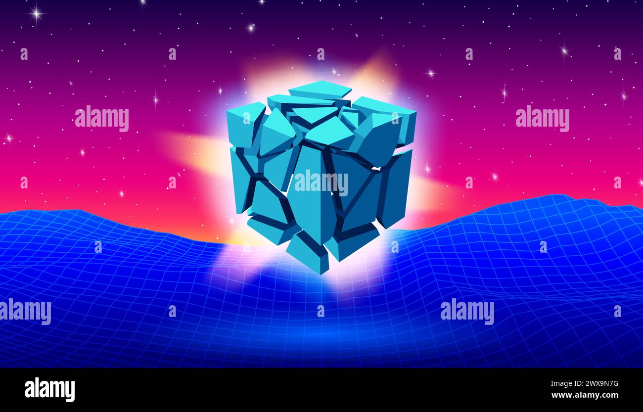 Mint blue 3D cube with cracks and particles soaring over the pink ...