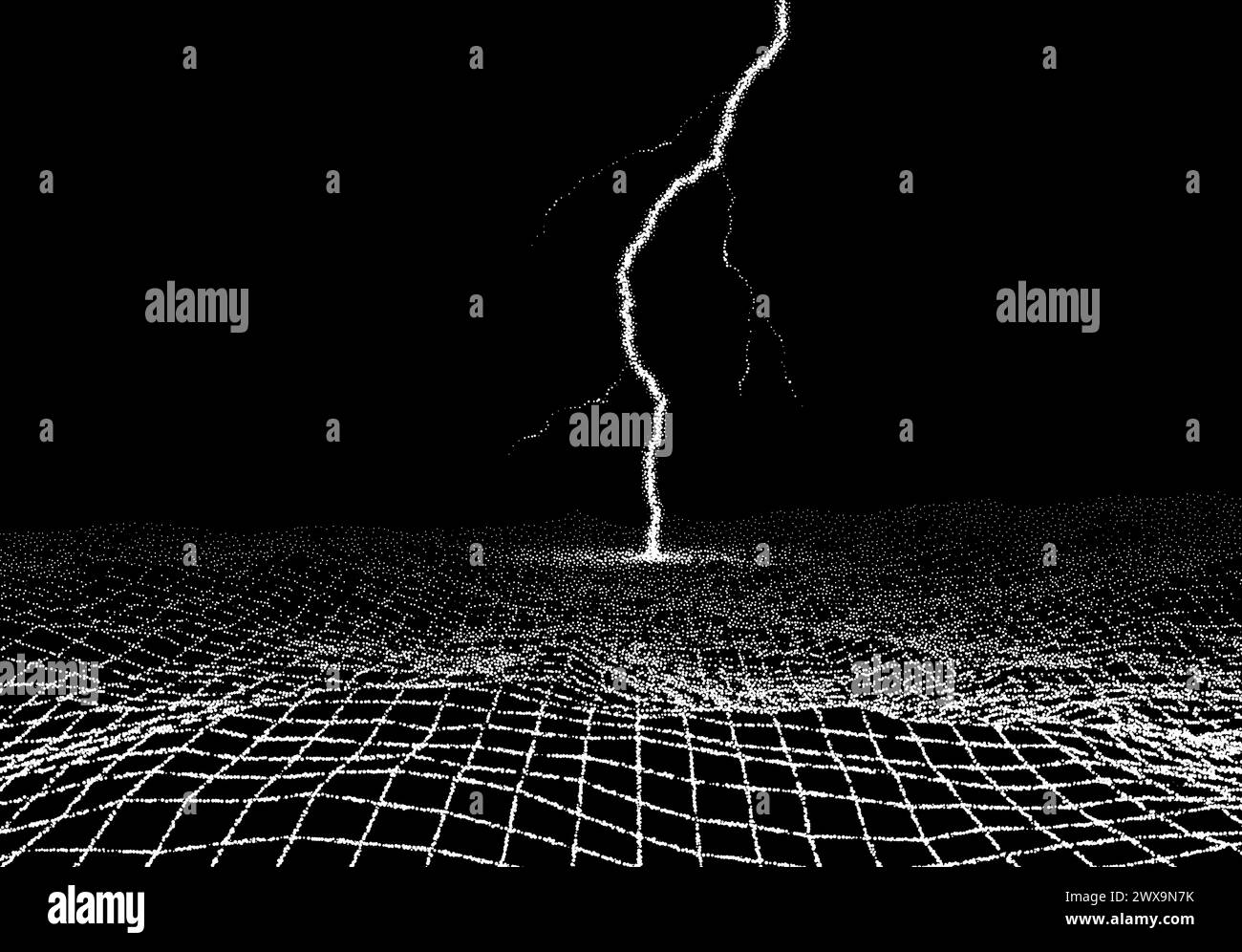 Space landscape with lightning strike in retro book style. Dotwork ...