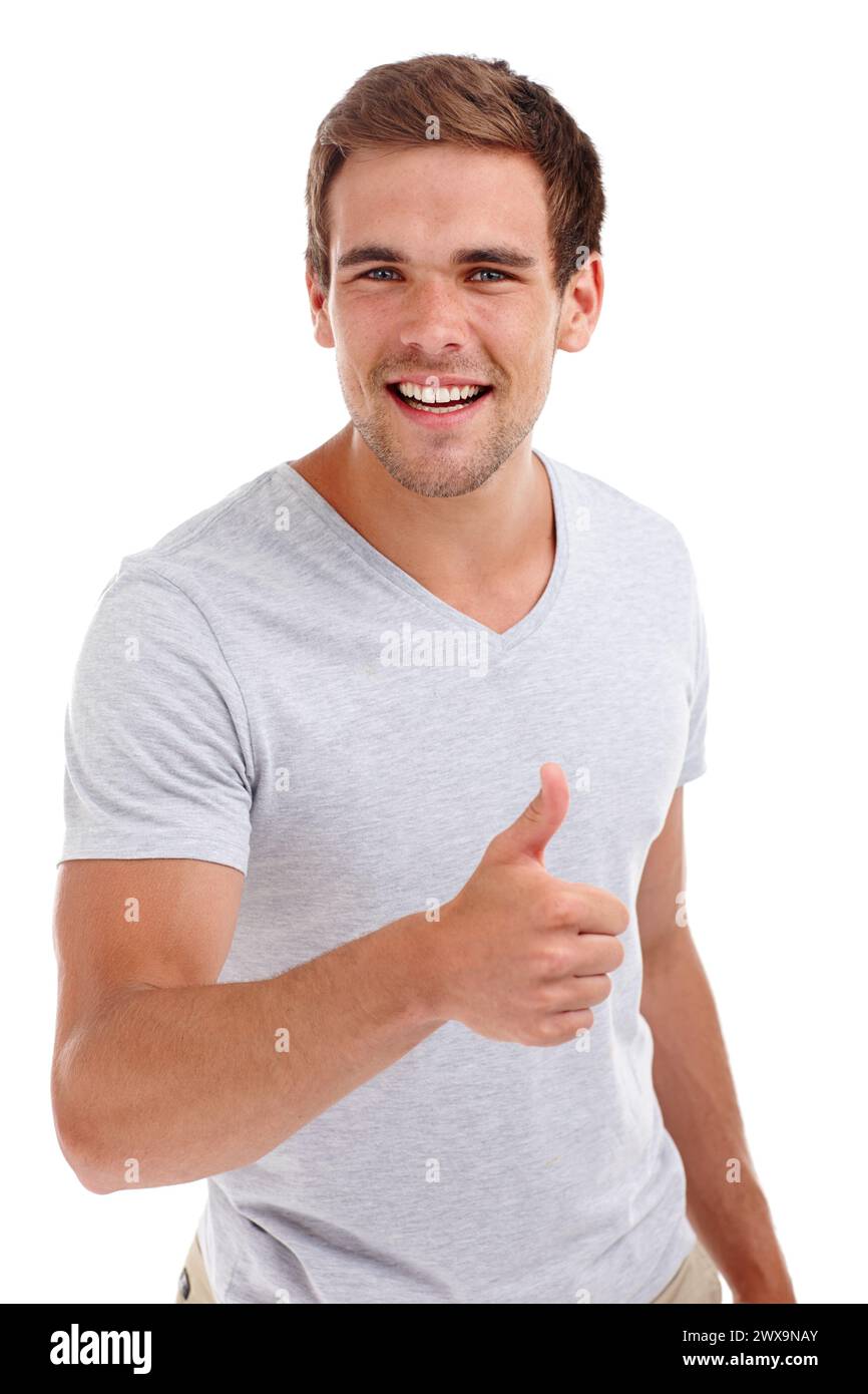 Thumbs up, happy and portrait of man on a white background with hand ...