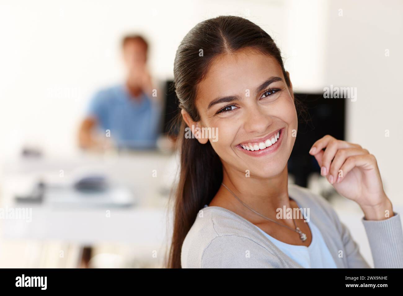 Business woman, office and portrait with smile for opportunity ...