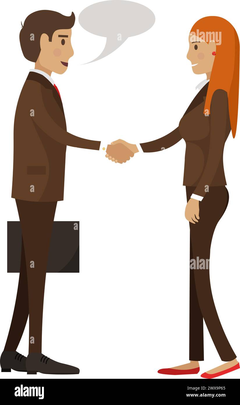 Office workers man and woman handshaking vector icon isolated on white ...