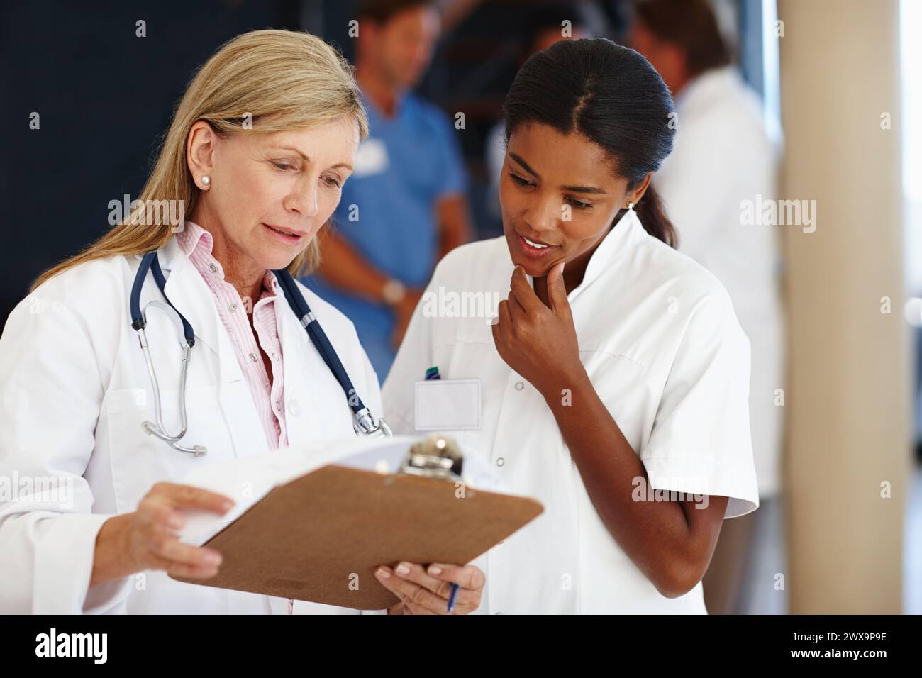 Doctor, mentor and discussion with charts, results and paperwork for ...