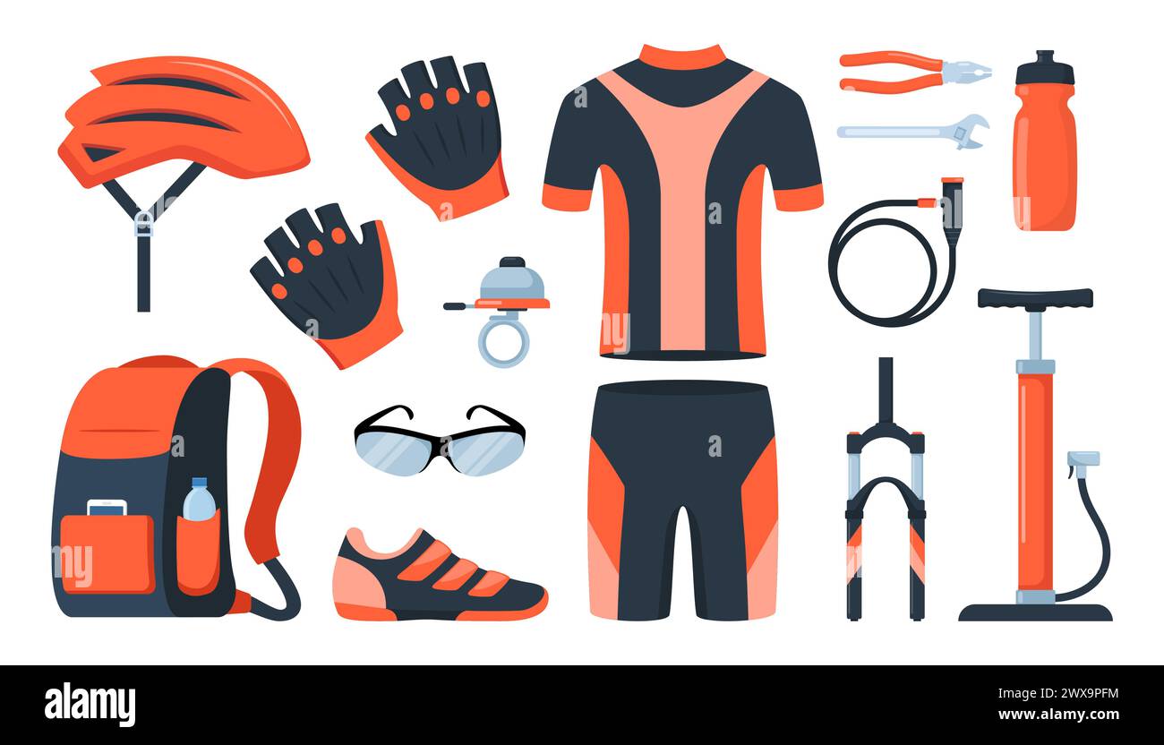 Bicycle set. Bike equipment. Cyclist gear, sportswear for biker, track accessories for extreme ...