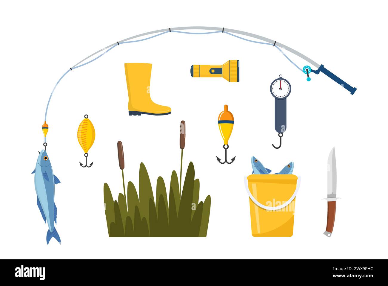 Equipment and tools for fishing. Fishing rod, float, inflatable rubber ...