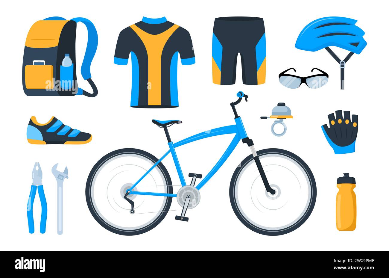 Bicycle set. Bike equipment. Cyclist gear, sportswear for biker, track accessories for extreme ...
