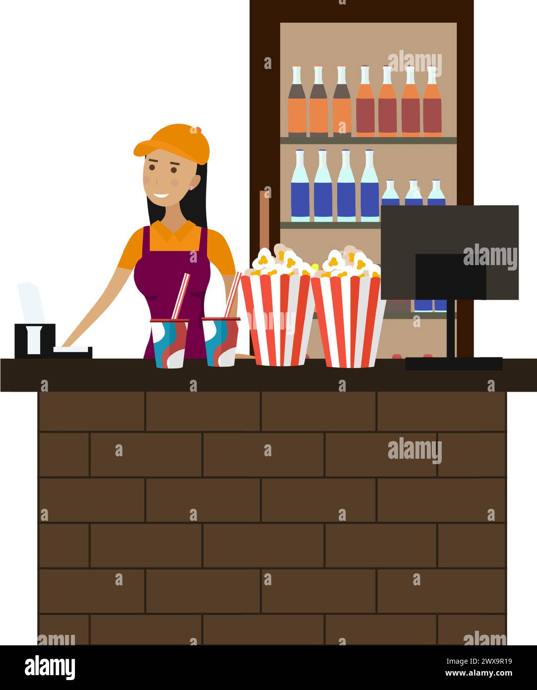 Saleswoman selling snacks at counter desk vector icon isolated on white ...