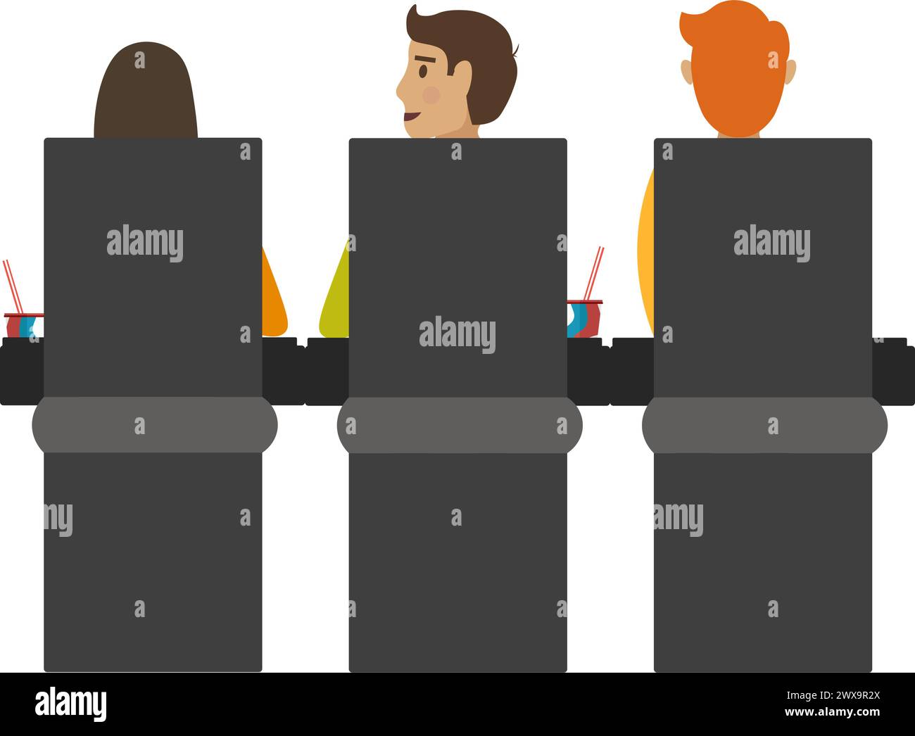 Spectators at seats back side view vector icon isolated on white ...