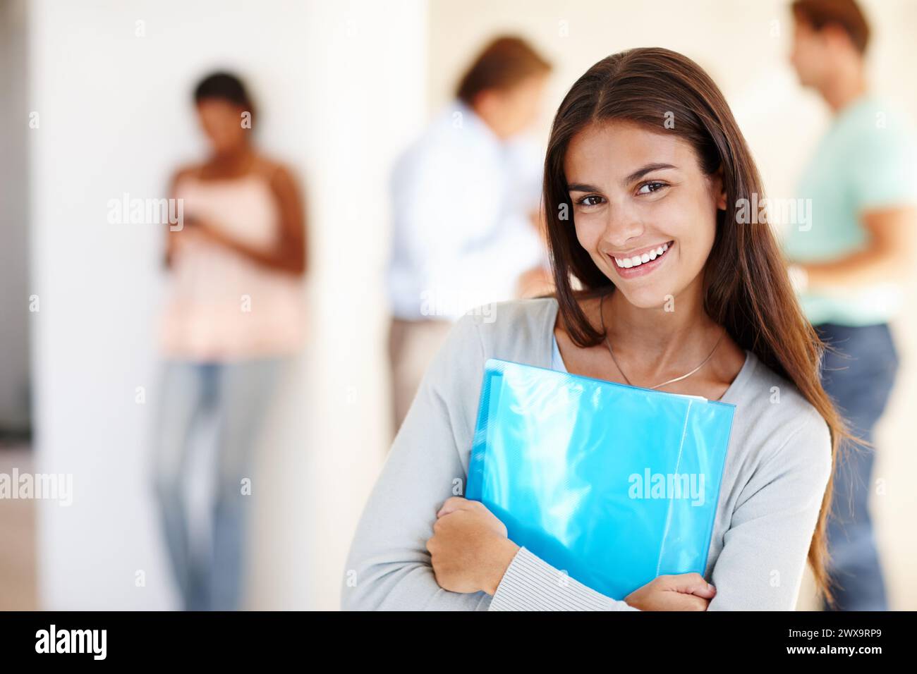 Woman student, portrait and books at campus for learning or education ...